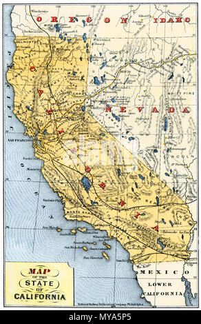 Map of the North American transcontinental railways, late 1800s. Hand ...