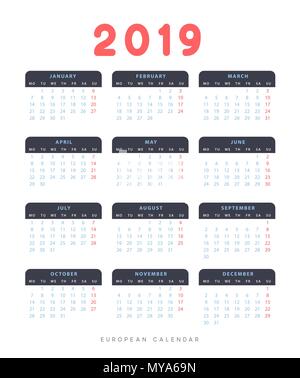 Simple European calendar for 2019 years, week starts on Monday Stock ...