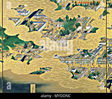 . English: View of Edo, left screen. pair of six-panel folding screens ...