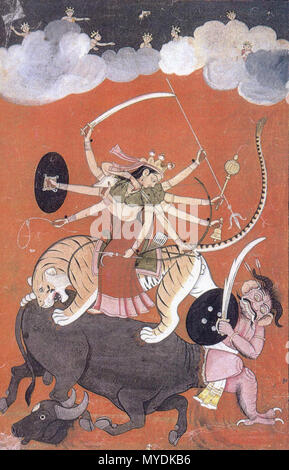 Goddess Durga, fighting Mahishasura, the buffalo-demon. The Devas ...