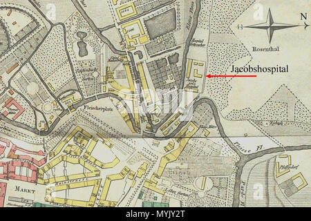 . Deutsch: Lage des Jacobshospitals in Leipzig auf einer Karte von 1823 ...
