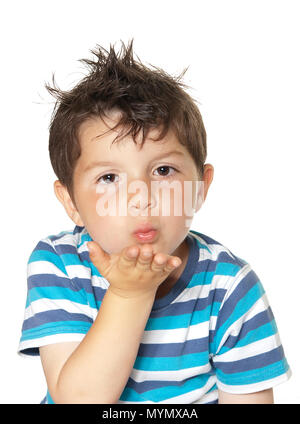 Portrait, blowing kiss and boy with kid, flirty and facial expression ...