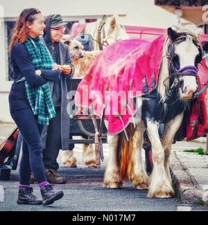 Busker and his entourage of animals in Chagford, Devon, UK. 4 November ...