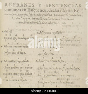 . English: Basque proverb book from 1596. Sample of proverbs. Only copy ...