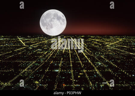 1992 HISTORICAL LARGE MOON OVER GRID NETWORK ROADS SUBURBS CHICAGO ...