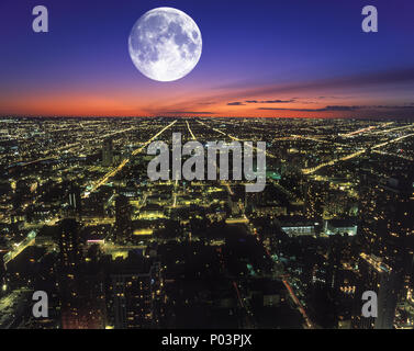 1992 HISTORICAL LARGE MOON OVER GRID NETWORK ROADS SUBURBS CHICAGO ...