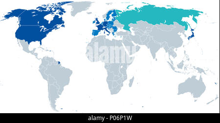 G7, Group of Seven, map. Worlds largest advanced economies. Canada ...
