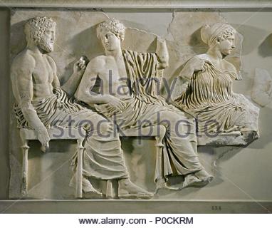Poseidon, Apollo, and Artemis. Parthenon frieze. Ca. 445 BC. Marble Stock Photo: 131280183 - Alamy