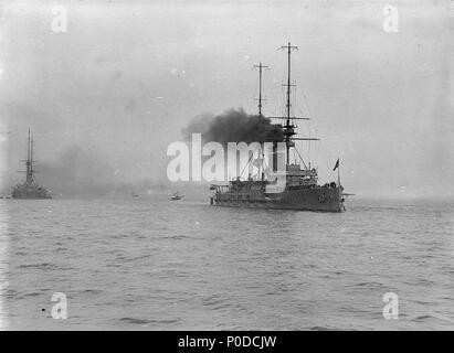 A starboard bow view of the HMS 'Dominion', an Edward VII-class pre ...