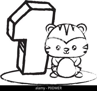 cute tiger with number one icon over white background, vector ...