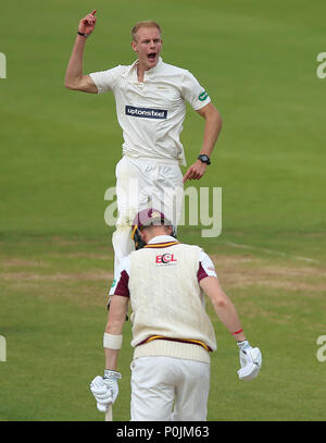 Leicestershire's Zak Chappell celebrates after taking the wicket of ...