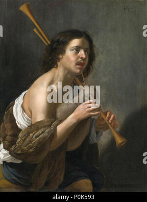 'A Bagpipe Player' by Jan van Bijlert is an oil painting depicting a musician playing the ...