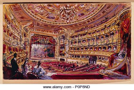 19th century theatre interior, showing the stage, seating, audience ...