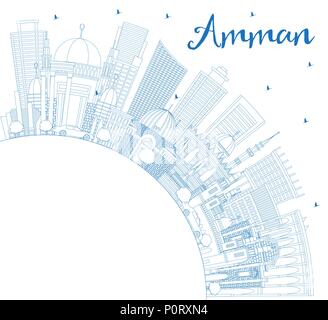 Outline Amman Jordan Skyline with Blue Buildings and Reflections ...