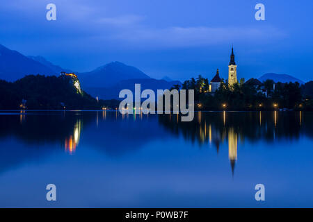 A landscape of Lake Bled at blue hour Stock Photo - Alamy