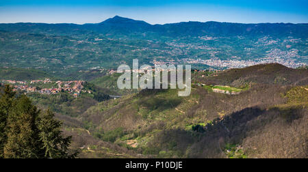 Distant view of city of Cosenza in Valle del Crati, from road 107 in ...