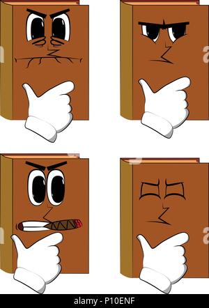 Books thinking. Cartoon book collection with costume faces. Expressions ...