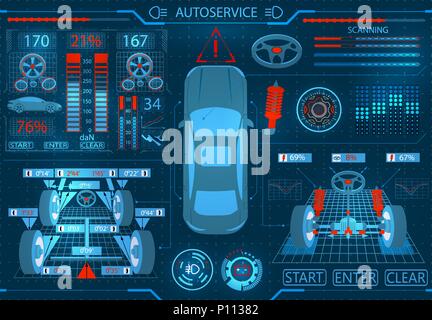 Car service. Scanning. Diagnostic alignment of the wheels. Car digital ...