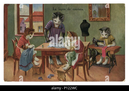 French historical postcard: Cats as people. Happy birthday! Tea party ...