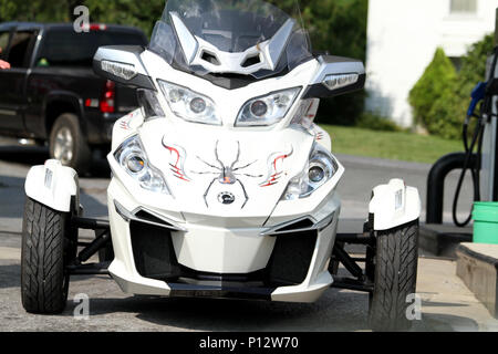 BRP white Can Am Spyder Bombardier trike Roadster ATV; Motorbike rider ...