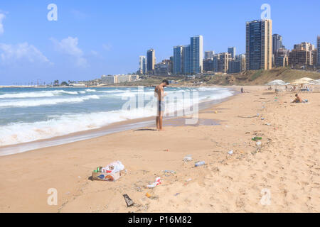 Beirut Lebanon, 11th June 2018. Abandoned plastic cup on the beach ...