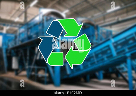 Sign recycling waste. The waste sorting and processing plant is blurry ...