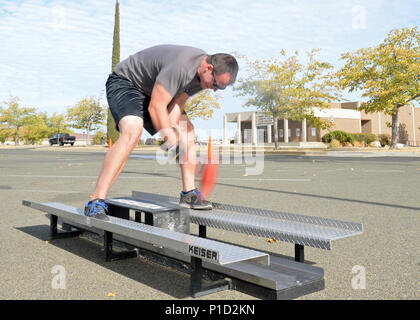 Staff Sgt. Adam, 9th Intelligence Squadron, uses a Keiser FORCE machine ...