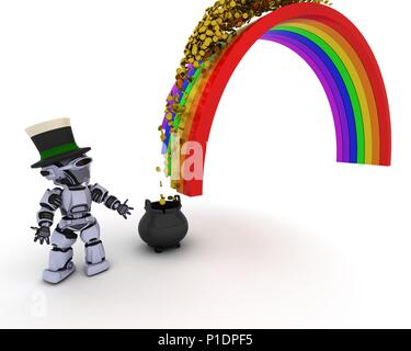3d render of robot with pot of gold at the end of the rainbow Stock ...