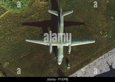 Above drone view onmilitary propeller transport aircraft. Military ...