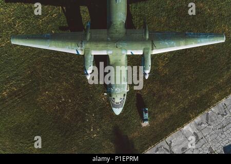 Above drone view onmilitary propeller transport aircraft. Military ...