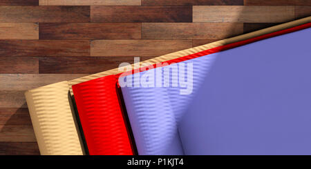 Pilates class. Exercice mats and equipment on wooden floor, top view ...