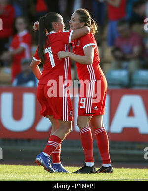 Natasha Harding celebrates scoring for Wales v Estonia with Jess ...