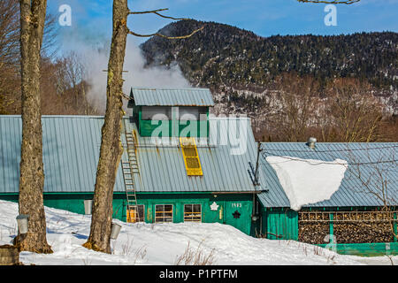 Steam billows from the top of a building in a rural area in winter ...