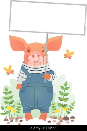 Cute Pig Holding Blank Sign Cartoon Character, Kawaii Animal Mascot ...