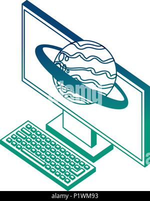 desktop computer with planet saturn isometric icon vector illustration ...