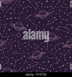 Seamless vector pattern with constellations, planets, Saturn, comet ...