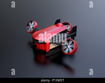 Red VTOL drone with delivery packages on white background. 3D rendering ...