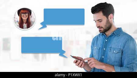 Man using phone with chat bubble messaging profile Stock Photo - Alamy