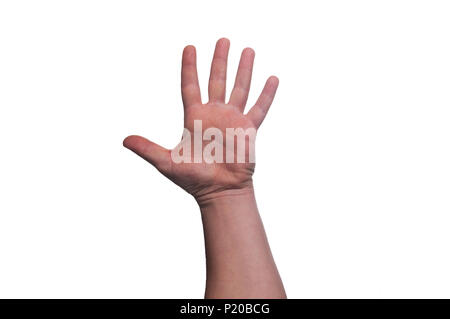 Hand mimic number five isolated on white background Stock Photo - Alamy