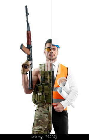 White man wearing helmet and vest using tablet computer while working ...