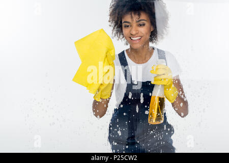 Smiling african american cleaner in uniform showing like and holding ...