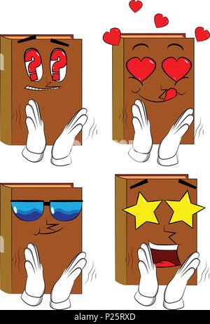 Books with clapping hands. Cartoon book collection with costume faces ...