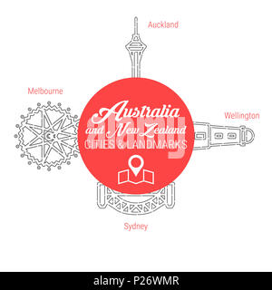 Auckland, New Zealand Line Icon with Red Ribbon Isolated on White ...