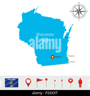 Wisconsin US state flag map isolated on white. illustration Stock Photo ...