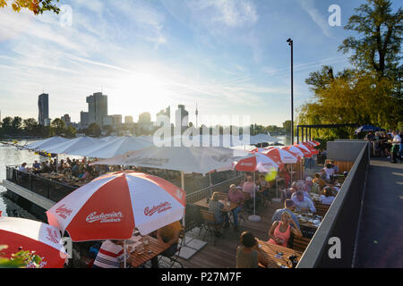 restaurant Strandcafe, river Alte Donau (Old Danube), skyline of ...