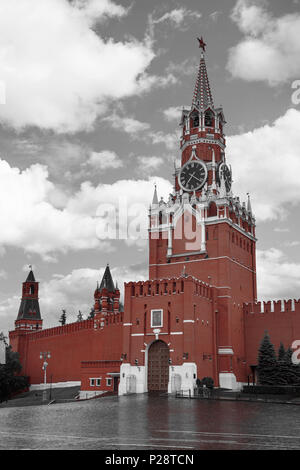 The black and white photo of the Kremlin Clock (Kremlin Chimes) on the ...
