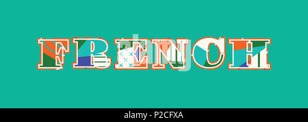 The word French concept and theme written in black ink on a colorful ...