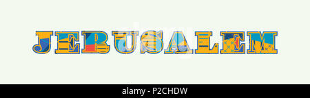 The word JERUSALEM concept written in colorful retro shapes and colors ...