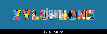 The word XYLOPHONE concept written in colorful retro shapes and colors ...