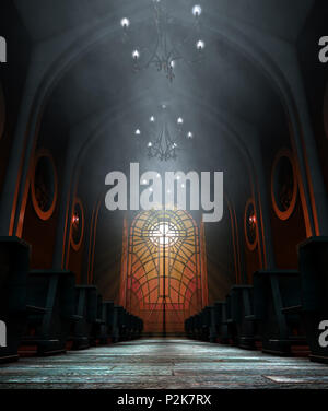 A dark grand church interior lit by suns rays penetrating through a ...